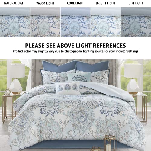 Madison Park Season Set, Matching Bed Skirt, Decorative-Pillows, Queen(90"x90"), Isla, Floral Medallion Blue 8 Piece