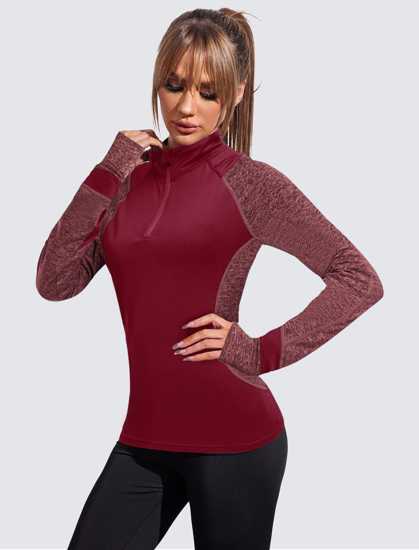 COOrun Women's Shirts Long Sleeve 1/4 Zip Pullover Athletic Hiking Running Workout Tops Quick Dry Shirt with Thumbhole Wine Red XX-Large