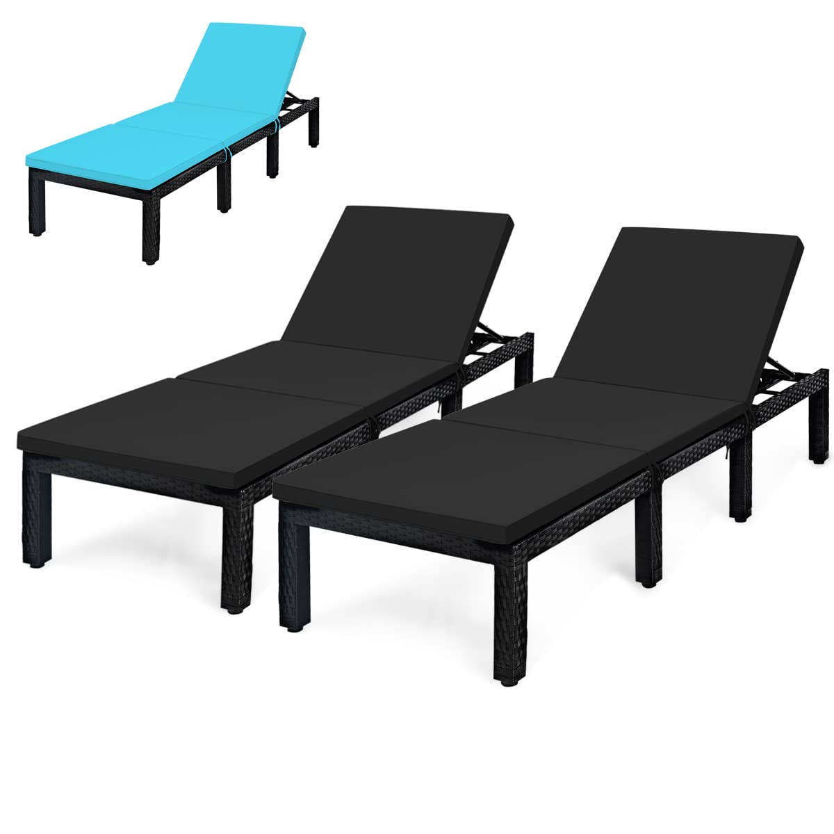 Tangkula Set of 2 Patio Wicker Lounge Chair, Outdoor Rattan Adjustable Reclining Backrest Lounger Chairs, Modern Outside Rattan Chaise with Seating and Back Cushion with Turquoise/Black Cover