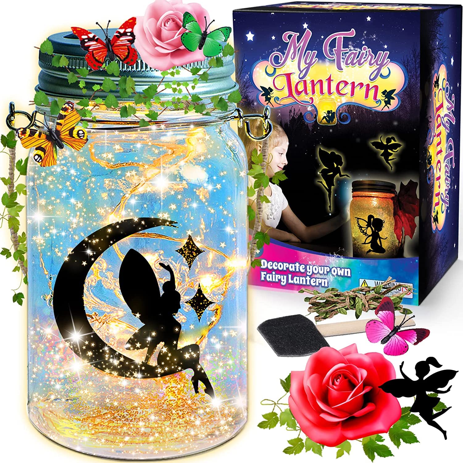 FUNZBO Fairy Lantern Jar Craft Kit - Arts and Crafts for Girls with Fairy and Unicorn Silhouettes, Kids Night Light for Room Decorations, Kids Art Projects, Craft Kits for Kids Ages 4-8