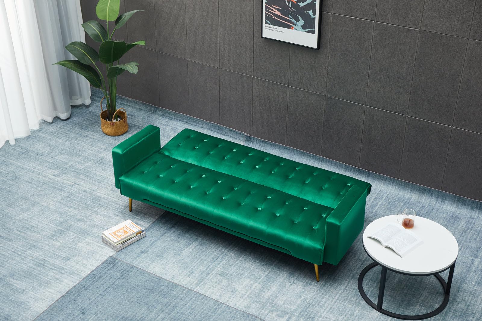 FEIYAW 75 Inch Velvet Futon Sofa Bed with Adjustable Back, Convertible Futon Couch, w/Tufted Buttoned Design & Metal Legs, Upholstered Slpper Bed for Home, Small Space Apartment