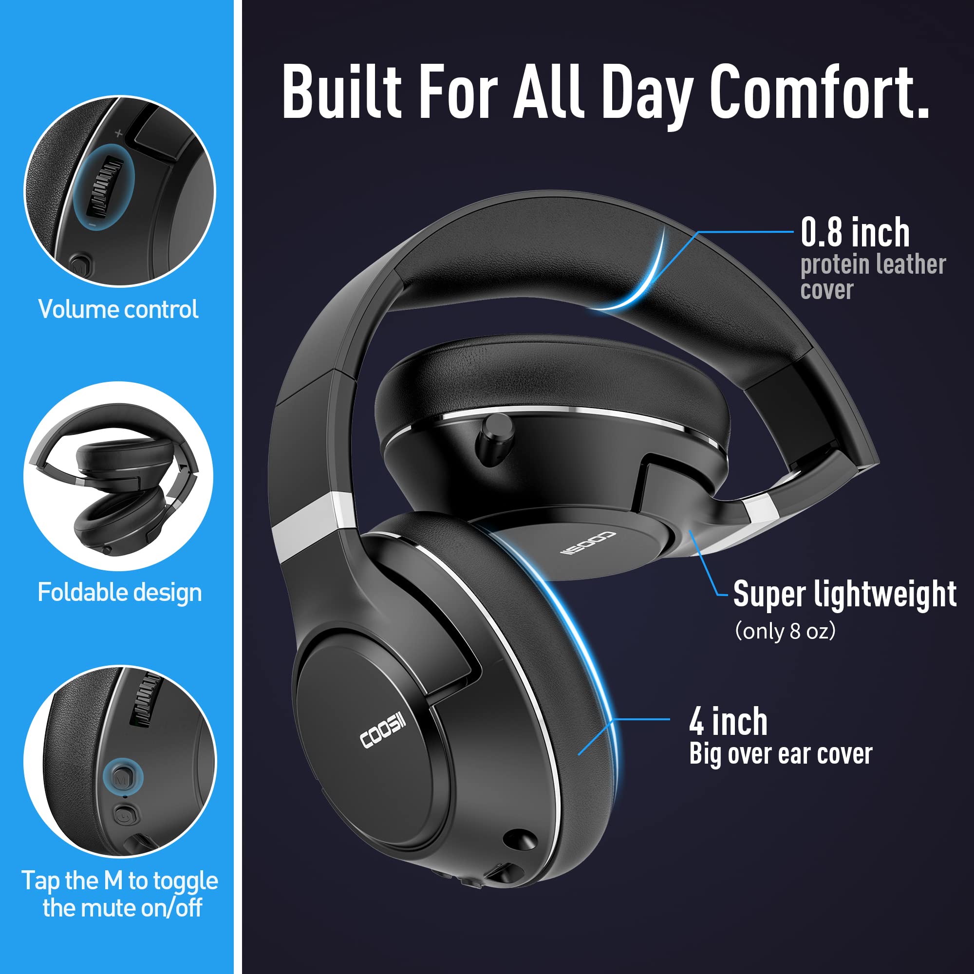 COOSII Wireless Bluetooth Headsets with Microphone for Computer, Headphone Foldable Over Ear Soft 40H with Retractable Mic, USB Dongle for PS5 PS4 PC Cellphone Laptop