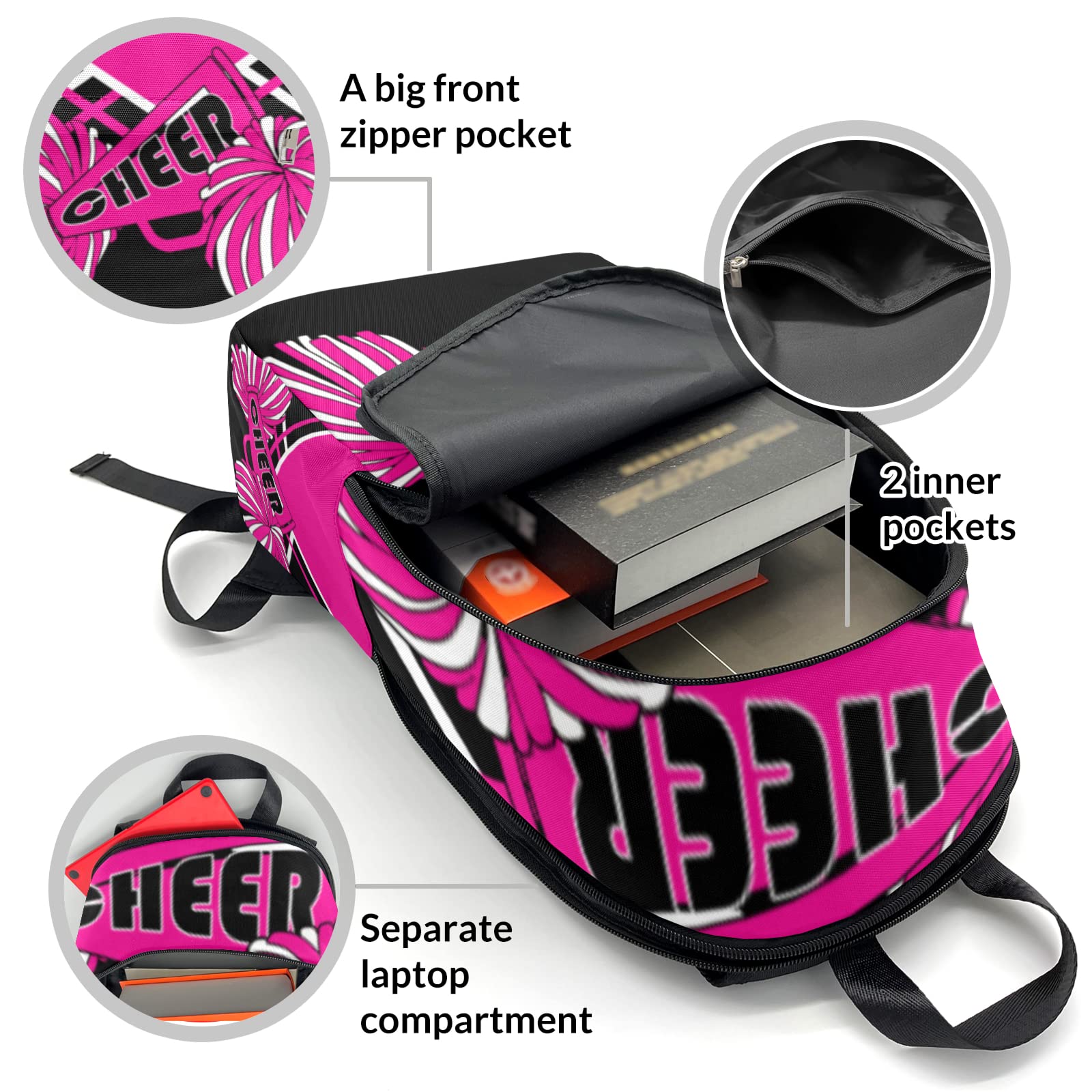 Cheer Pink Black Cheerleader Waterproof Backpack Sport Shoulder Bag for Men Women Gift, 11.8''(L)x5.51''(W)x17.72''(H)