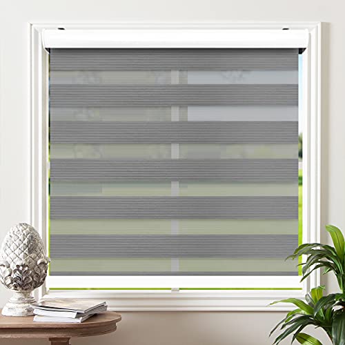 Biltek Cordless Zebra Window Blinds with Modern Design - Roller Shades w/Dual Layers - Solid & Sheer Shades for Transparency/Privacy - Great for Home, Office, Kitchen, Bathroom - Gray, 58" W X 72" H