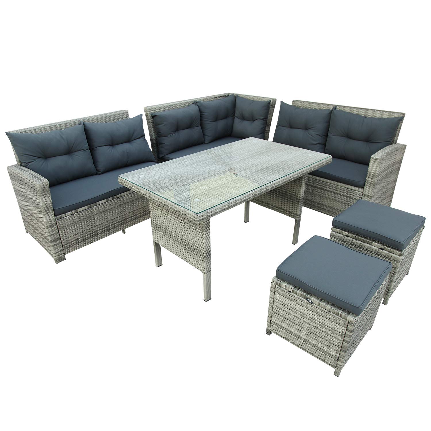 Merax Patio Dining Sets, PE Rattan Sectional Outdoor Patio Furniture Wicker Sofa with 2 Stools, Tempered Glass Table & Cushions, Grey+Dark Grey