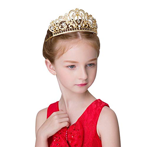 Gold Crown Cake Topper Girls Princess Queen Tiara Summer Wedding Bride Bridal Crown Rhinestone Royal Clear Austrian Crystal Party Headband Cake Topper, 6" Diameter