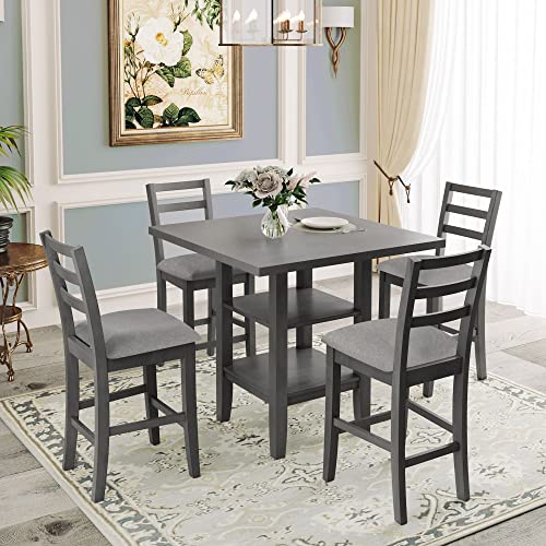 Merax 5 Piece Counter Height Dining Table Set with 4 Chairs for Small Space Kitchen Dining Table with Shelf for Storage Farmhouse Dining Set