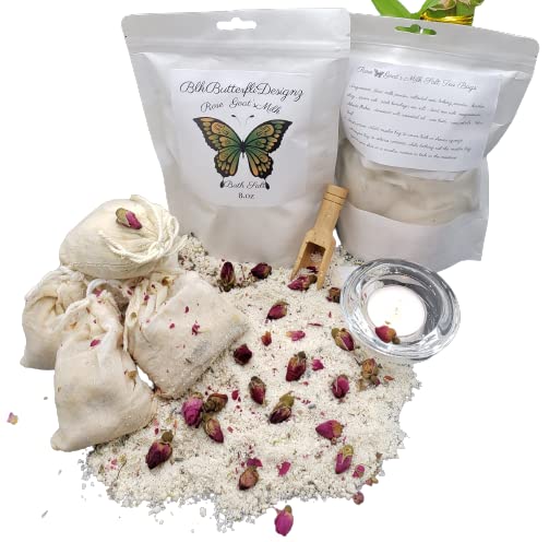 Blkbutterfli Designz Rose and Lavender Goat Milk Salt Tea Bags, Perfect for Baths, Dry Salt Scrub (4-4oz Bags) (Lavender)