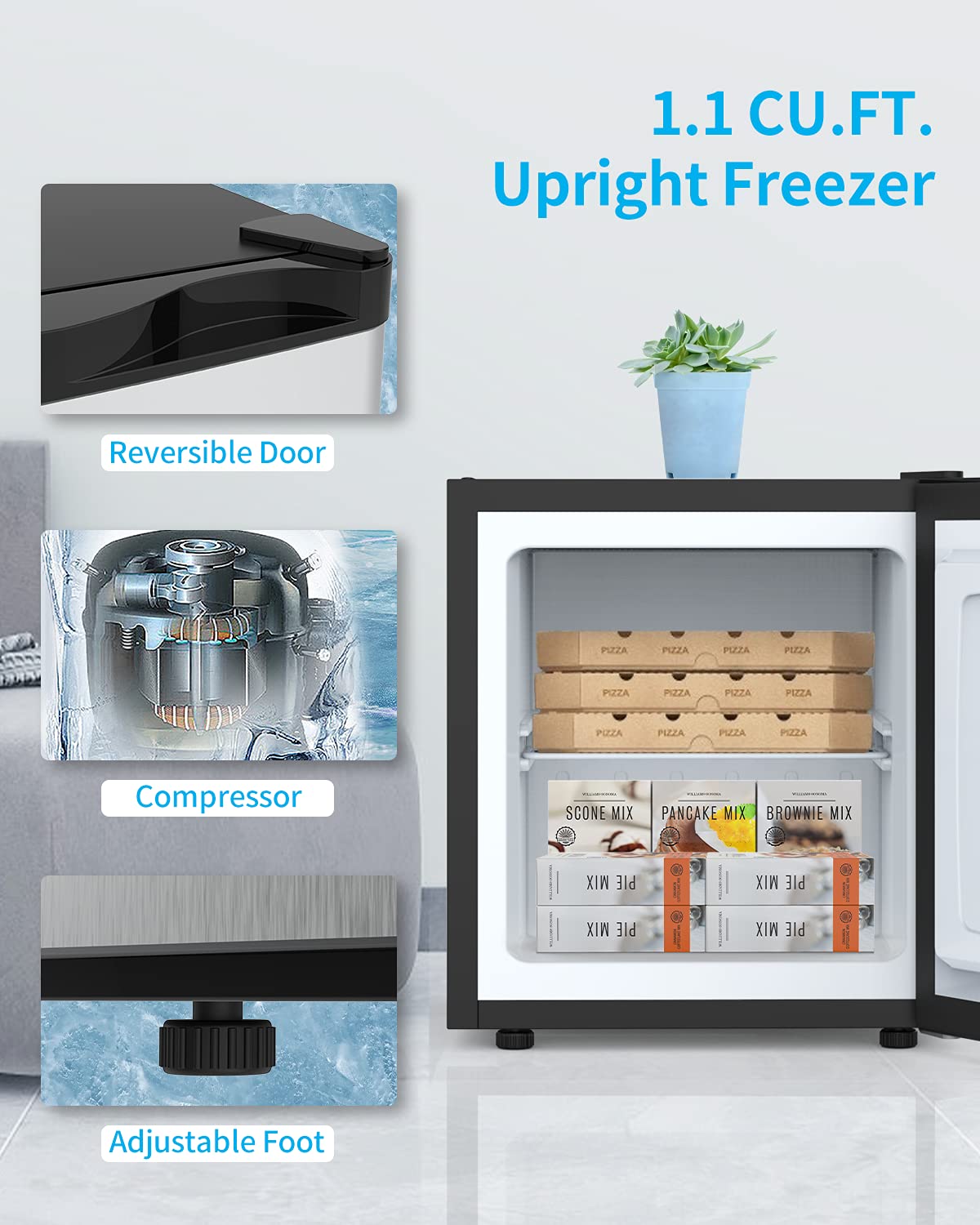 Compact Upright Freezer, Reversible Stainless Steel Door, Single Door, Adjustable Removable (Silver, 1.1 Cu. Ft.)