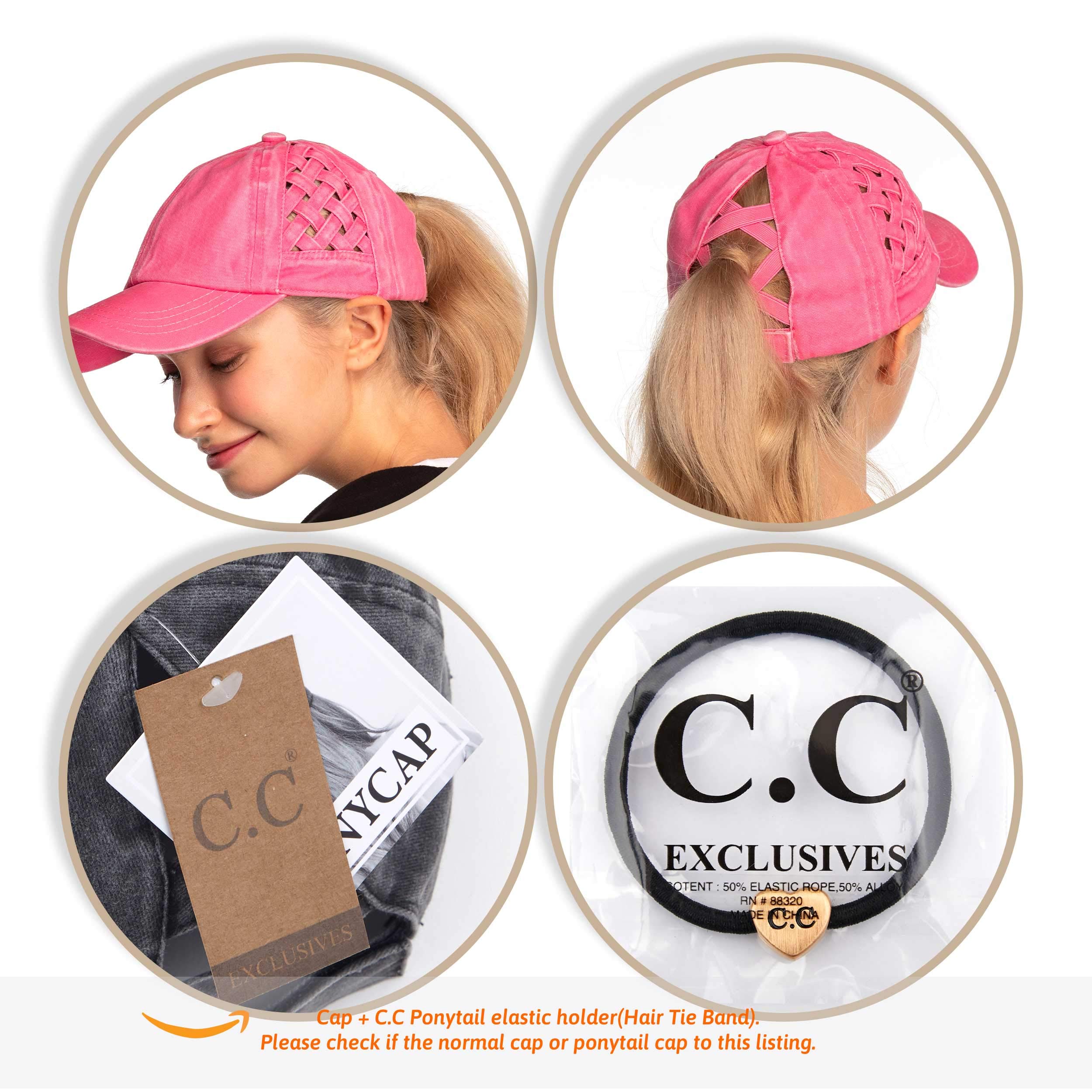 C.C Exclusives Washed Cotton Denim Basket Weave Criss-Cross Ponytail Baseball Cap Bundle Hair Tie (BT-922) (Coral)