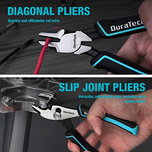 DURATECH 7-Piece Pliers Set, Premium Cr-Ni Construction (10", 8" Groove Joint Pliers, 8", 6" Long Needle Nose, 8" Linesman, 6" Slip Joint, 6" Diagonal) for Basic Repair, with Oxford Rolling Pouch