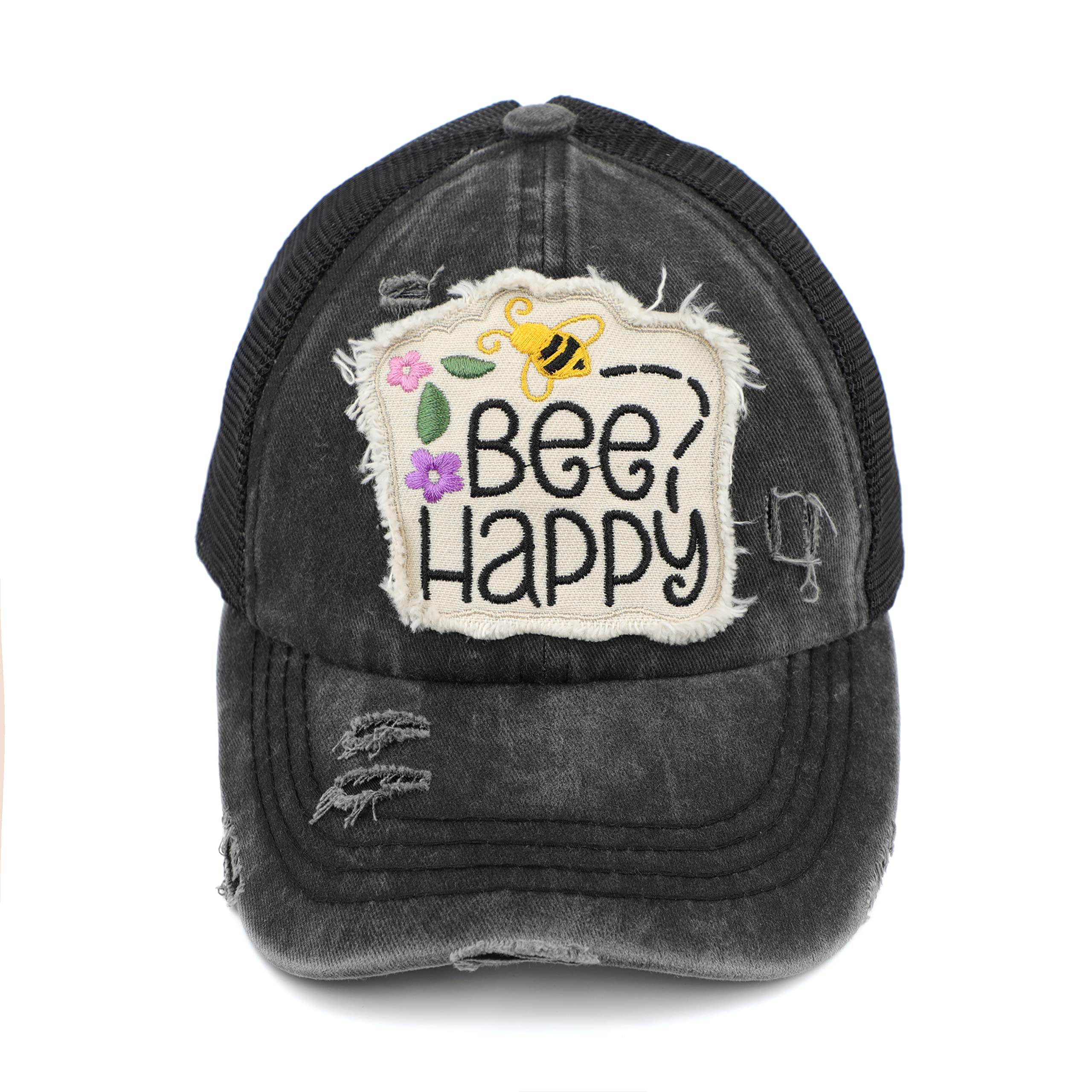 C.C Exclusives Washed Distressed Embroidered Patch Cotton Denim Criss-Cross Ponytail Hat Adjustable Baseball Cap (BT-1002) (A Elastic Band-Bee Happy Black)