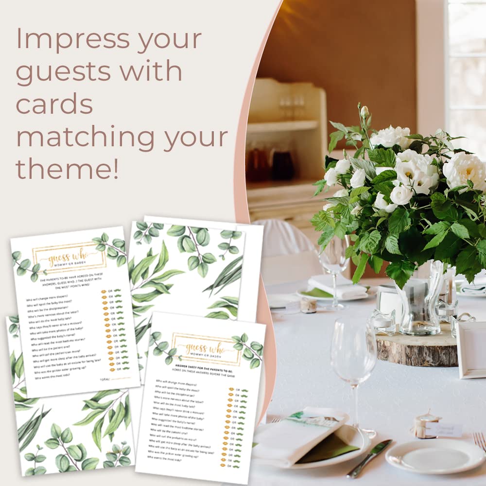 Hat Acrobat Guess Who Mommy or Daddy Baby Shower Game Cards - 50 Double-Sided Greenery Baby Shower Games Mommy or Daddy Game Cards