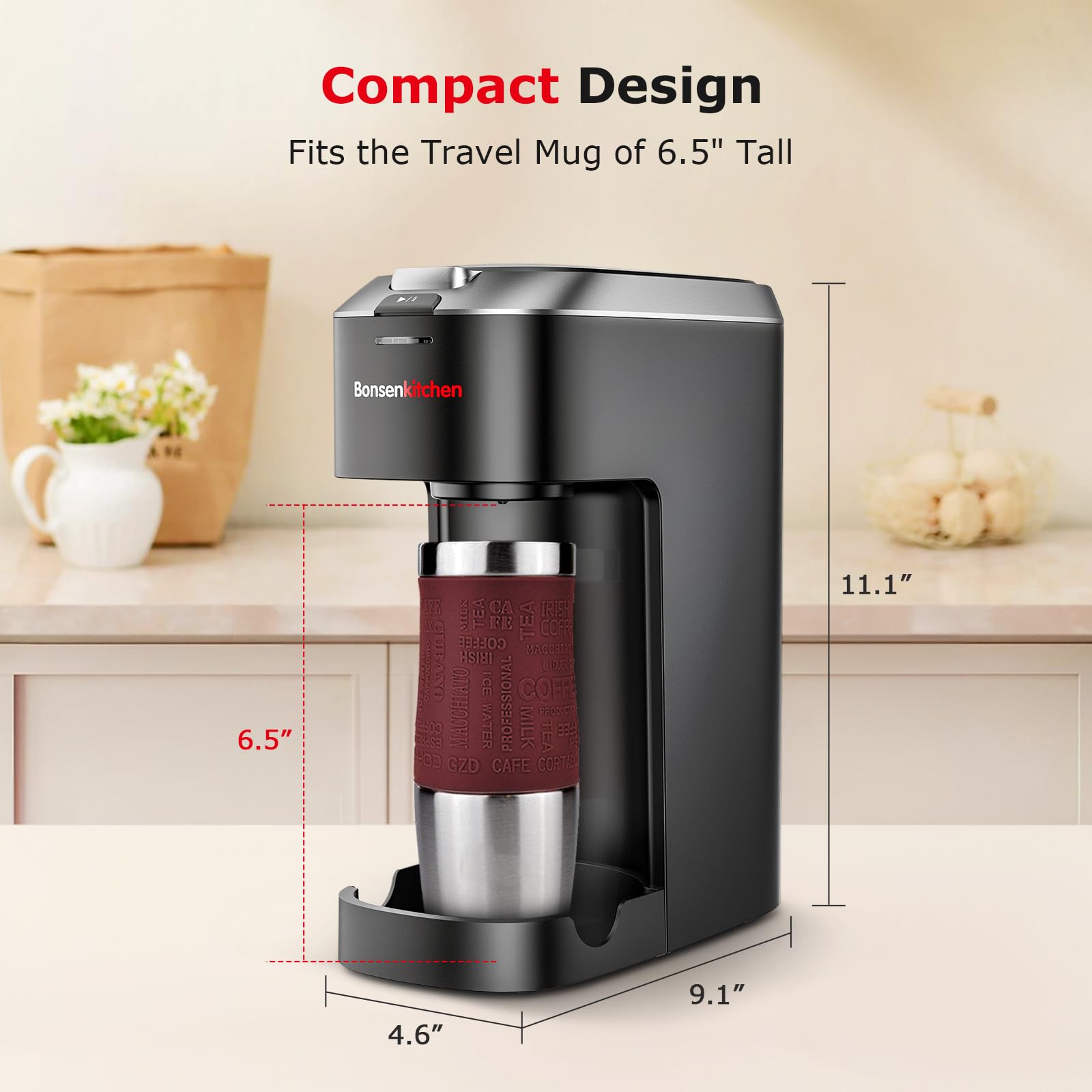 Bonsenkitchen Single Serve Coffee Maker, Coffee Brewer for K Cup Capsule, Fast Brewing Coffee Machine, 6 to 12oz Brew Sizes, Space Saving Design