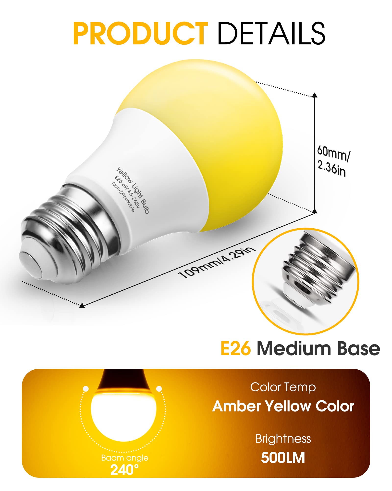 Bug Light Bulbs Outdoor, 40W Equivalent Amber Yellow LED Bug Lights for Outside, 6W 500LM 2000K for Porch Lights, Non-Attracting, Not-Dimmable A19 Bulb for Patio, Deck, Backyard, Hallway, 2 Pack