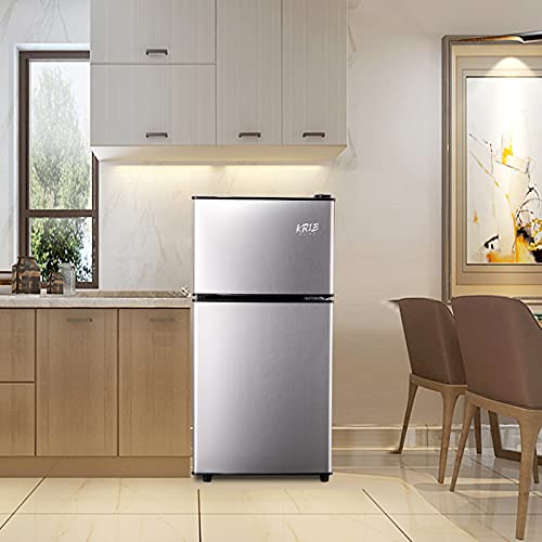 KRIB BLING 3.5Cu.Ft Compact Refrigerator Mini Fridge with Freezer, Small Refrigerator with 2 Door, 7 Level Thermostat Removable Shelves for Kitchen, Dorm, Apartment, Bar, Office Silver