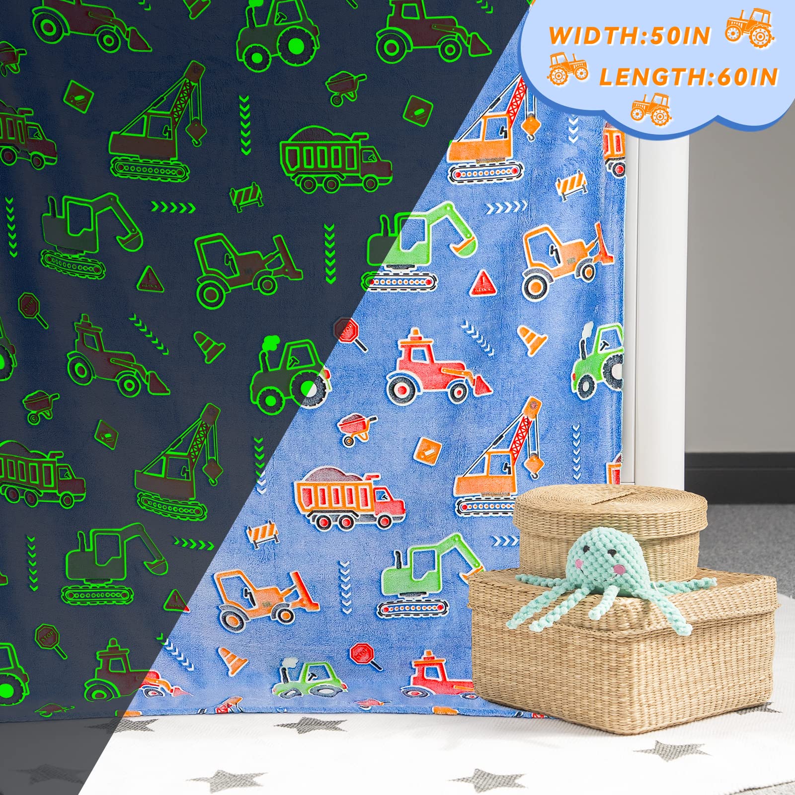 LOKOZ Truck Blanket Construction Blanket Glow in The Dark Blankets for Boys Tractor Blanket Kids Excavator Blanket Birthday Gifts for Room Bed Sofa Decor