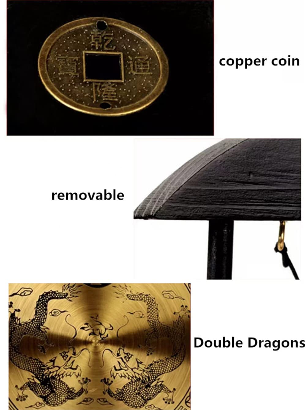 Chinese desktop gong Fengshui Mini table top gong Attached mallet Chan sect Musical Instruments Family decorations Holiday gifts Attached red rope bracele (Double Dragons)