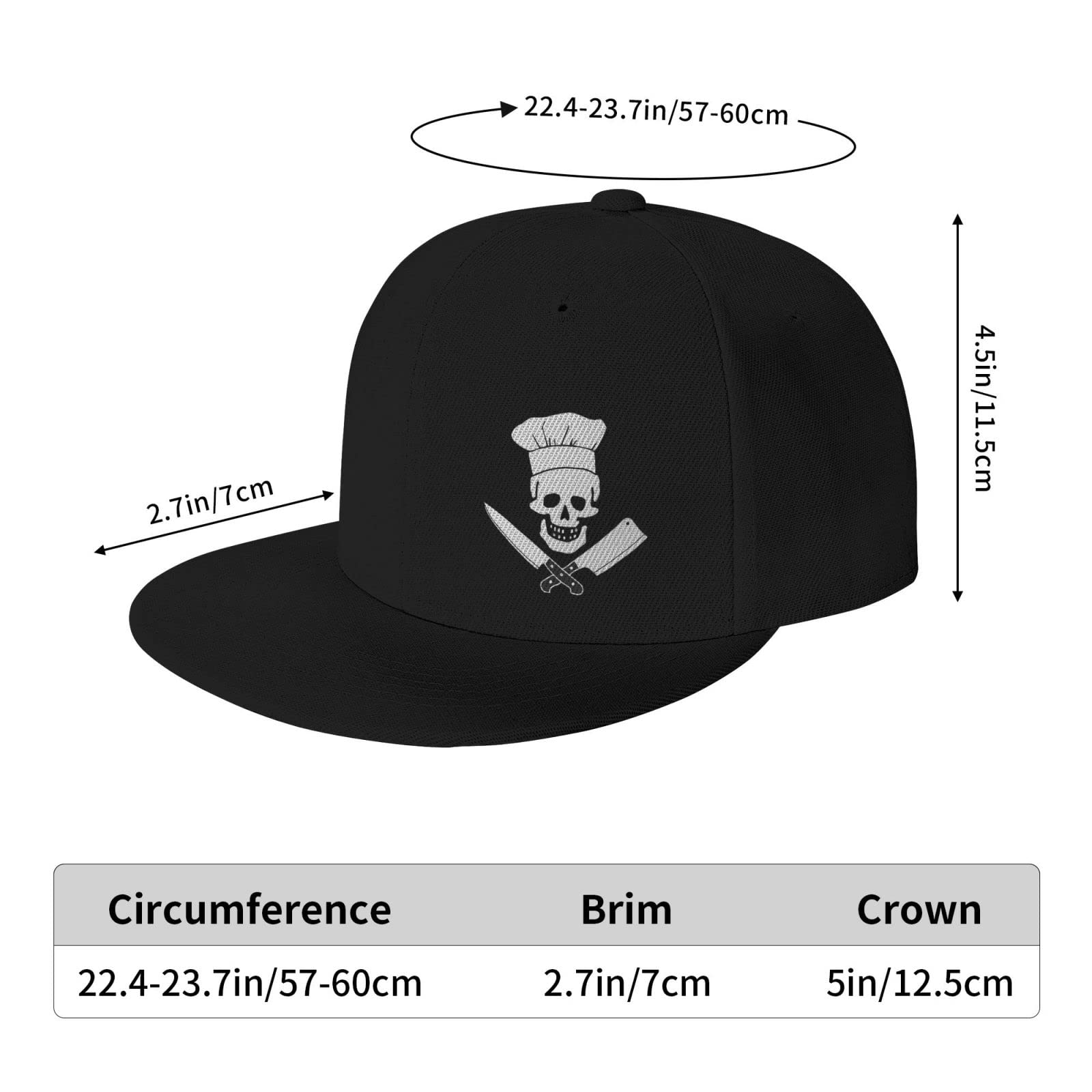 Chef Skull Snapback Hat for Women Men Adjustable Classic Black Baseball Dad Hat Vintage Flat Bill Cap for Travel Hiking Runing