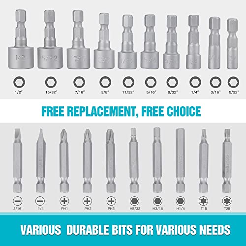 DURATECH Impact Driver Kit - 20V Electric 1/4 Inch Driver Set with 20 Pcs Sockets and Screwdriver Bits, Fast Charger and Heavy Duty Storage Case Included, Great Gift