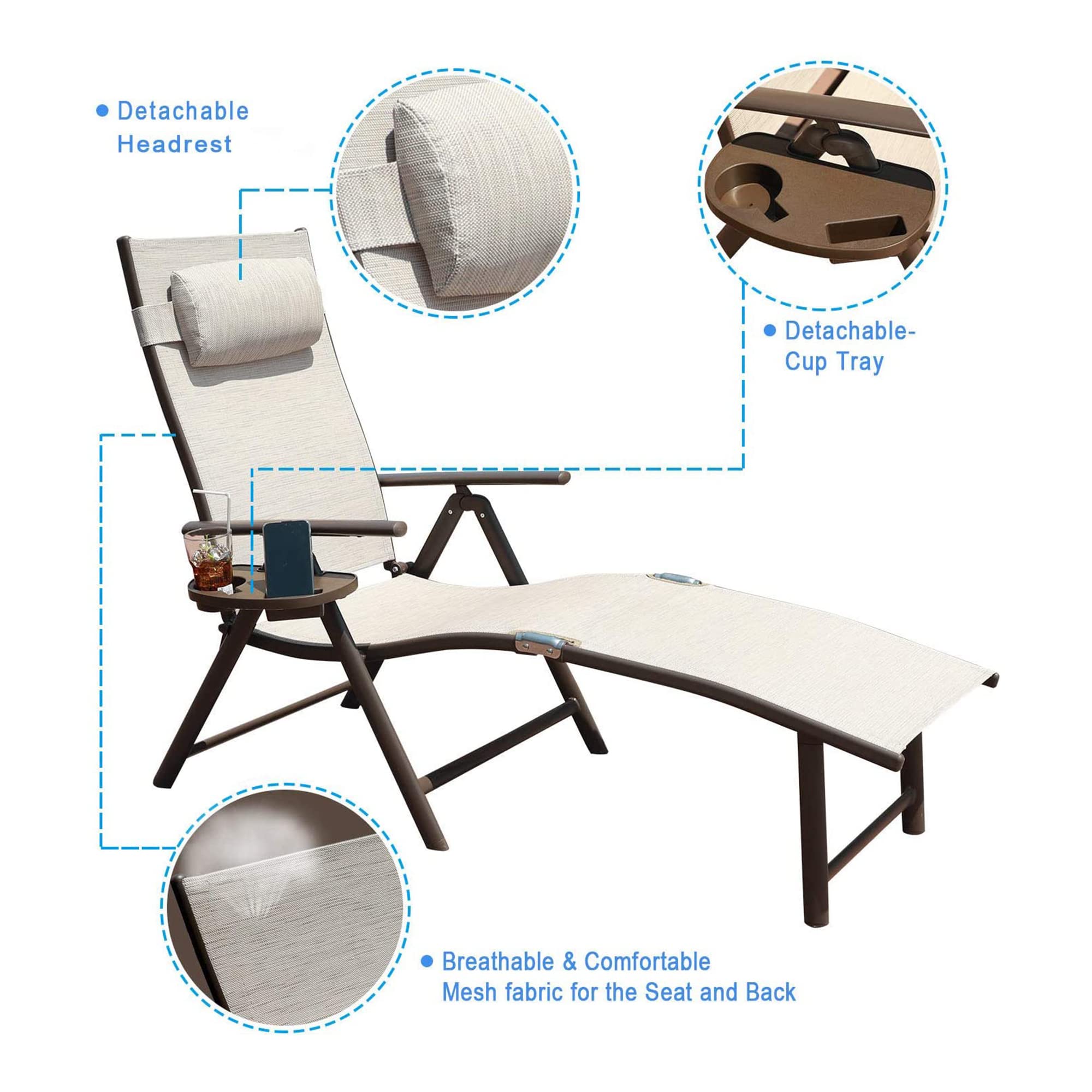 GOLDSUN Aluminum Outdoor Folding Reclining Adjustable Patio Chaise Lounge Chair with Pillow for Poolside Backyard and Beach Set of 2, Set of Two, Beige