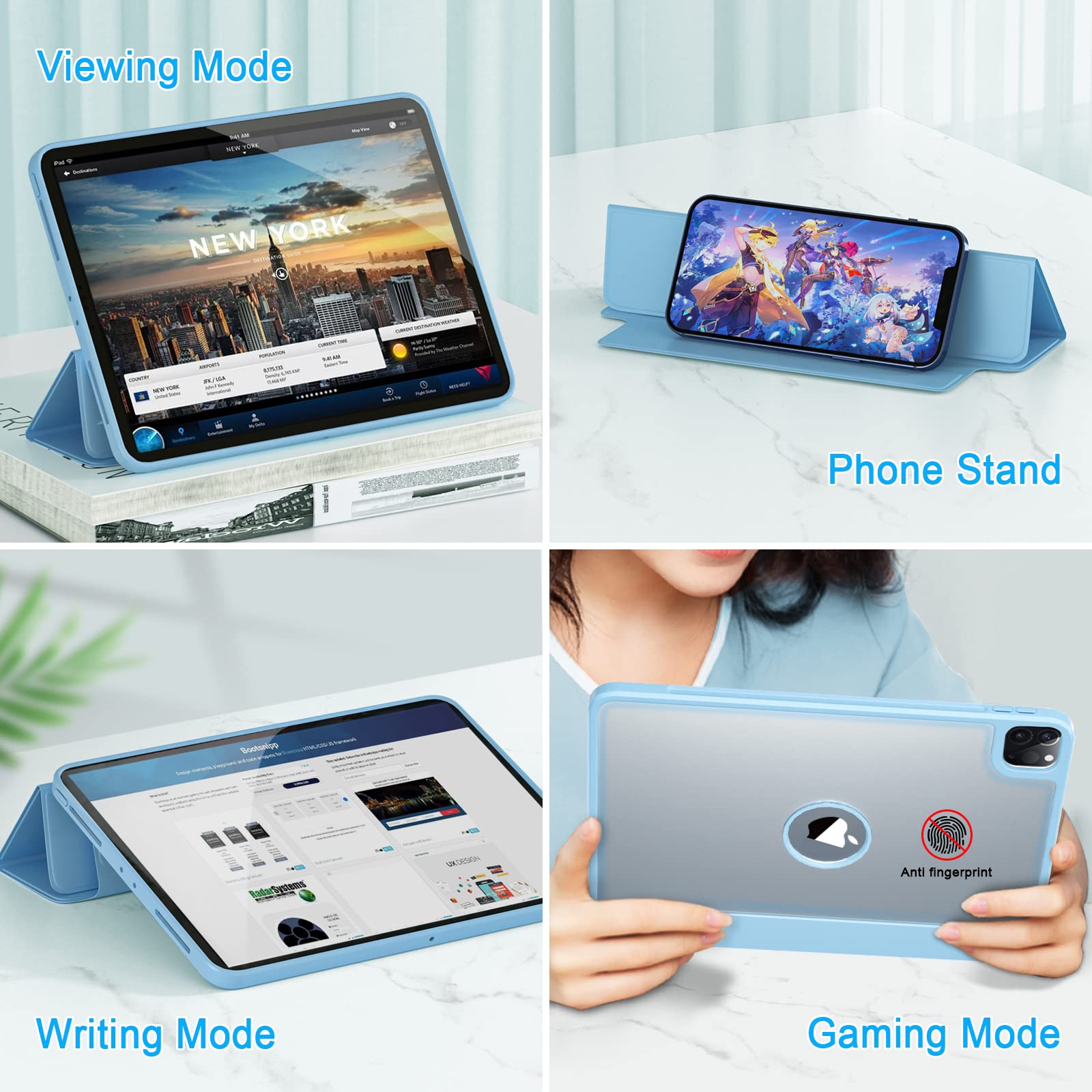Case for iPad Pro 12.9 2022/2021/2020/2018 Gen 6th/5th/4th/3rd,2 in 1 Detachable Magnetic Case,Anti-fingerprint Frosted Case and Washable Leather Protective Cover Support Pen Charger(Blue)
