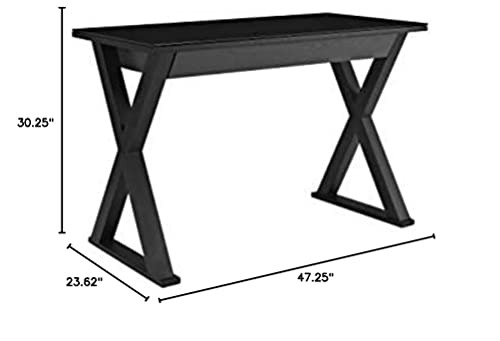 Walker Edison Lawrence Urban Industrial X Leg Glass Top Computer Desk, 48 Inch, Black