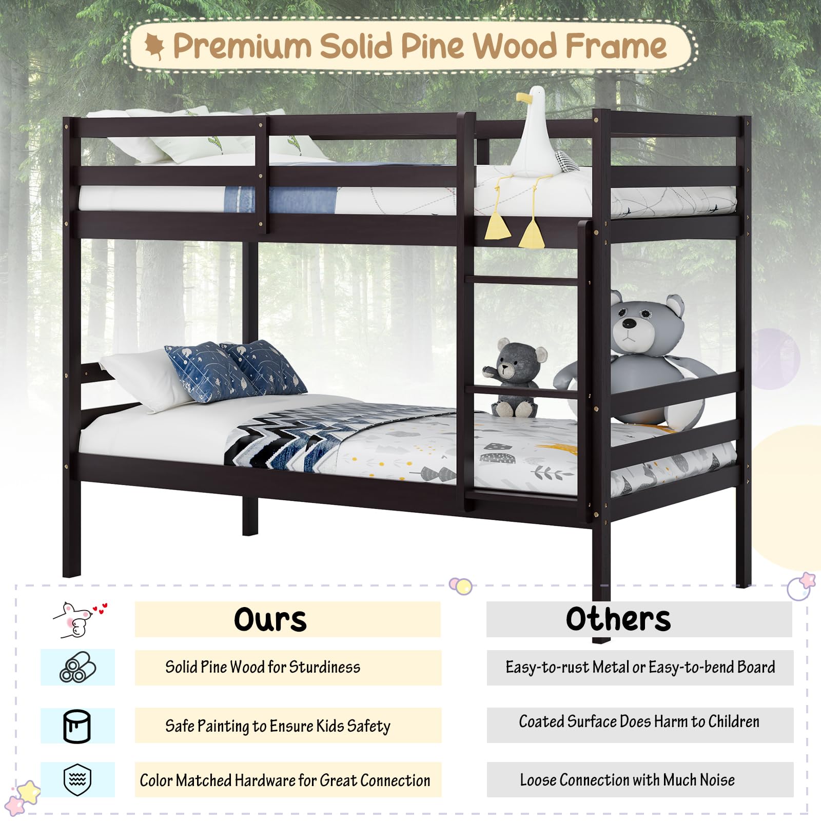 GORELAX Twin Over Twin Bunk Bed, Space Saving Wood Bed Frame w/Under Bed Storage, Ladder & Guardrail, Dorm & Multichild Family, Modern Bunk Bed for Kids, Teens, Sleepovers, Adults (Espresso)