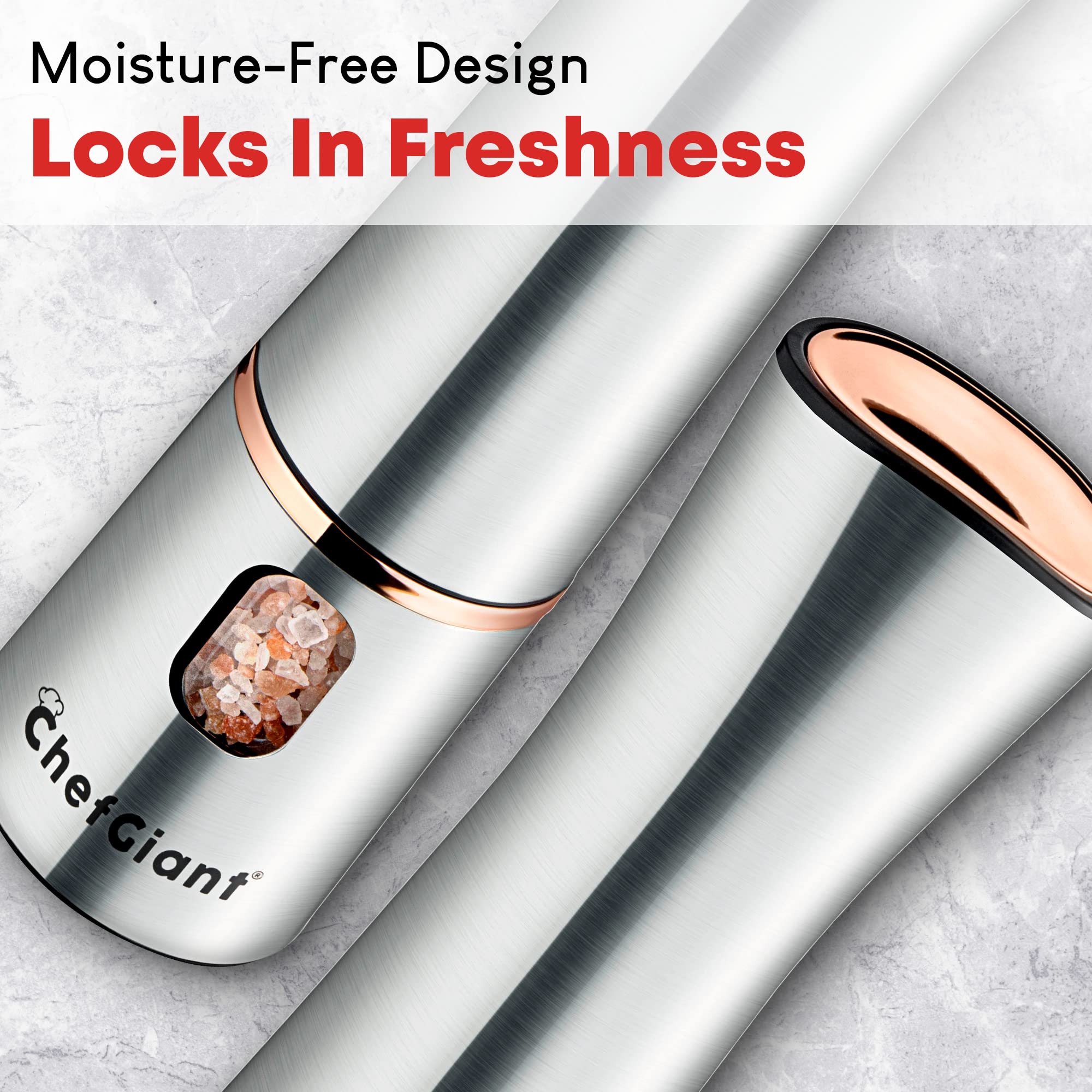 ChefGiant Electric Salt and Pepper Grinder Set - Rose Gold & Stainless Steel One Hand Operated Adjustable Coarseness Mill with LED Light, Batteries, Measuring Spoon & Brush