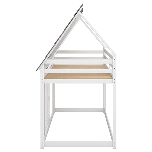 MERITLINE House Bed Bunk Beds Twin Over Twin Wood Bunk Beds with Roof for Kids Girls Boys, White