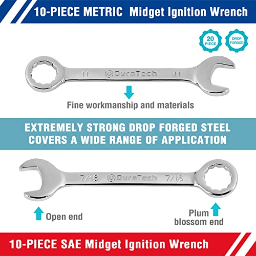 DURATECH Mini Wrench Set, Midget Combination Wrench Set, 20-Piece, Metric & SAE, 4-11mm & 5/32" - 7/16", Lightweight, with Rolling Pouch