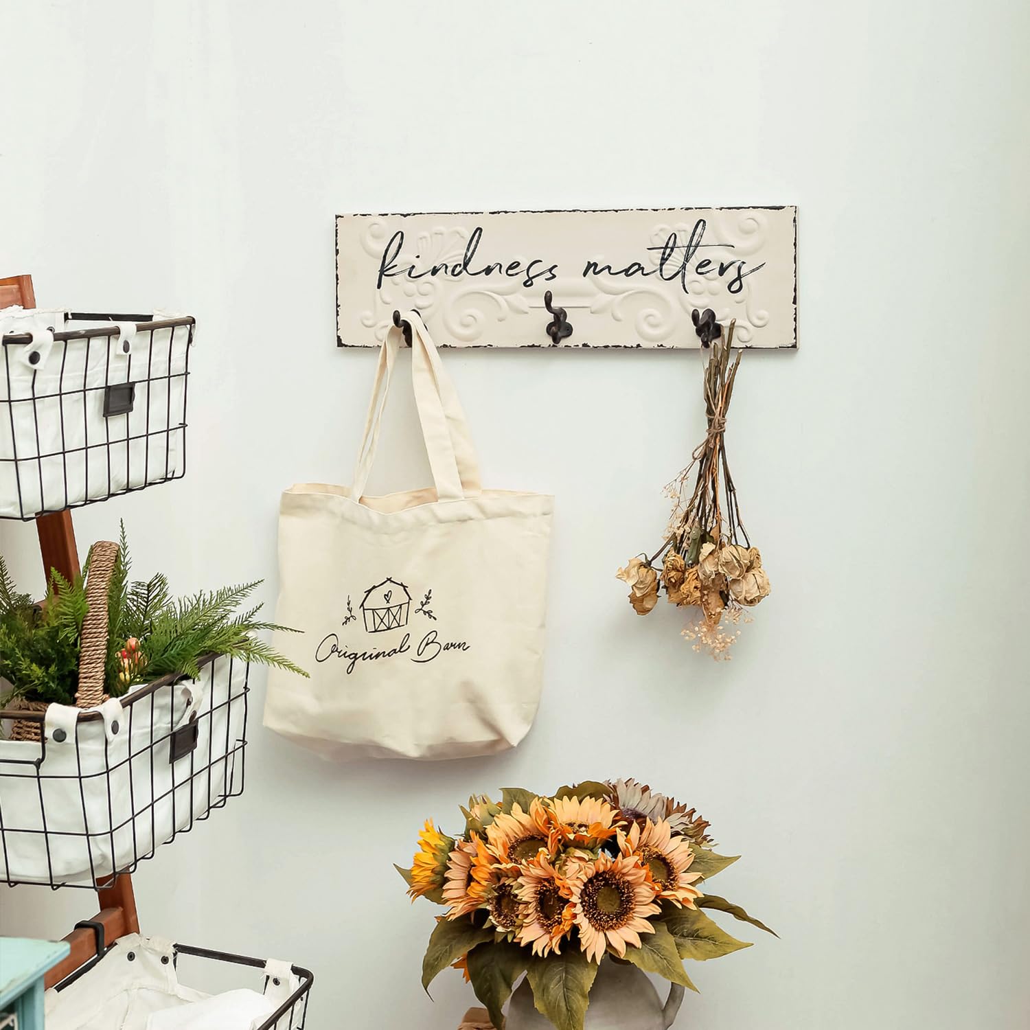 Generic Metal Coat Rack Wall Mount Farmhouse Rustic Wall Coat Rack with 3 Hooks Wall Coat Hanger for Clothes Coat Hat Jacket - Kindness Matters, 24.02"" x 4.25"" x 7.09""