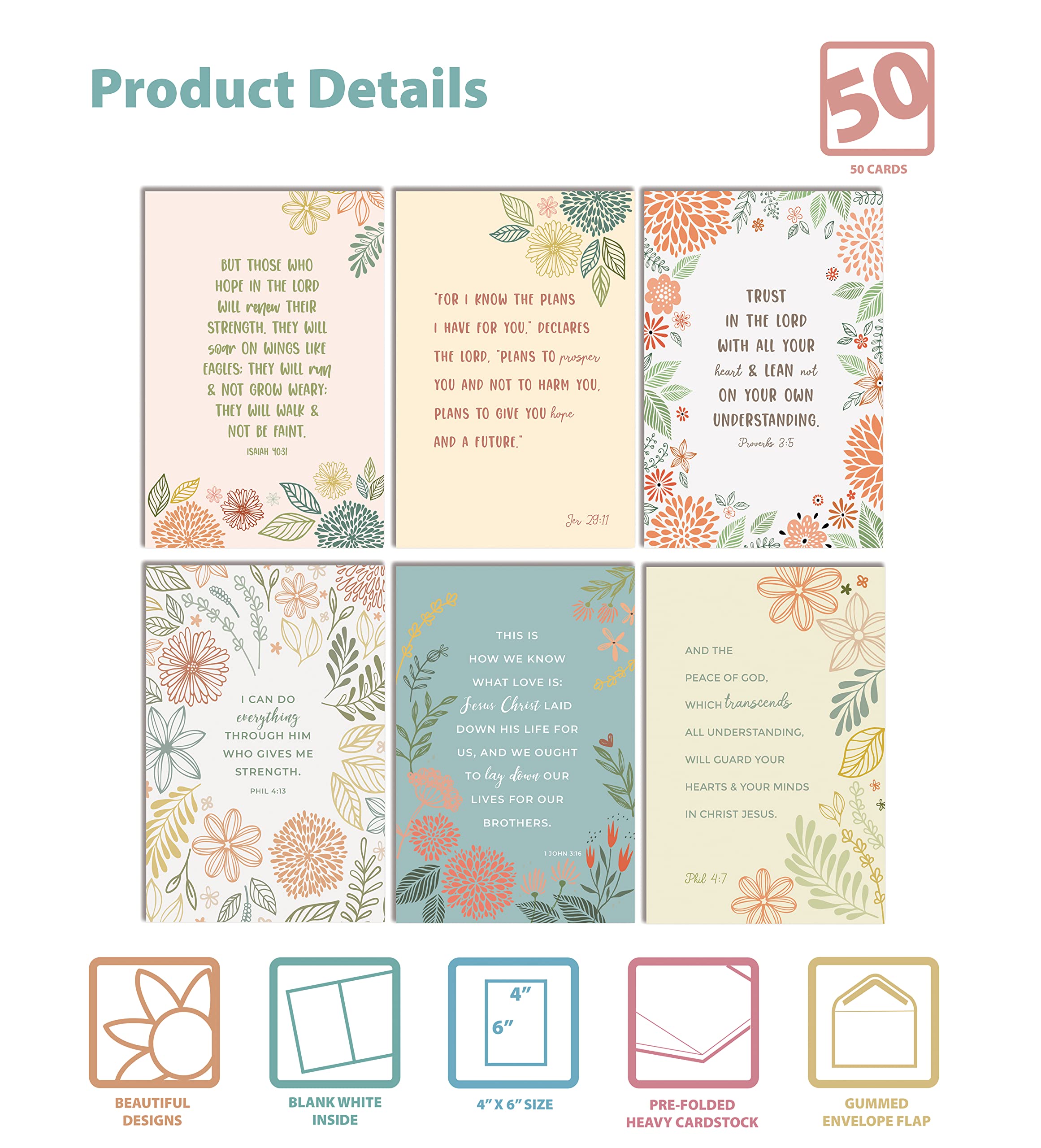 Better Office Products 50 Pack Inspirational Christian Greeting Cards with Envelopes, 6 Bible Verses, 6 Designs, 4x6 Inch, Scripture Notecards for All Occasions,(Floral Harvest)