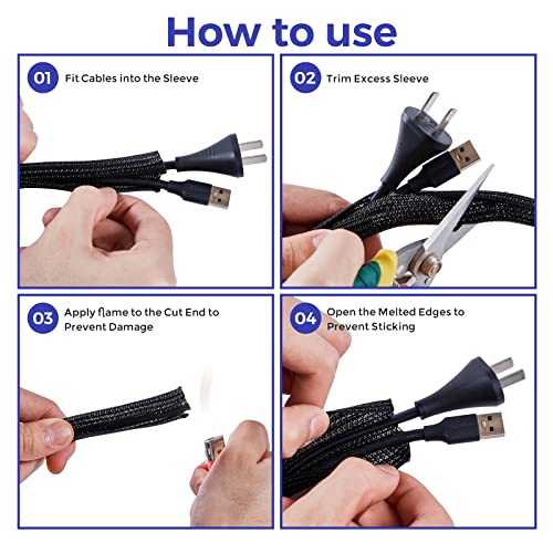 Cord Sleeves for Cables 1/2in - 5ft Split Braided Cable Sleeve Black, Hard PE Cord Protectors from Pets,Keep Cats from Chewing Cords, Flexible Wire Wrap Sleeving Wire Sleeve for Computer Automotive