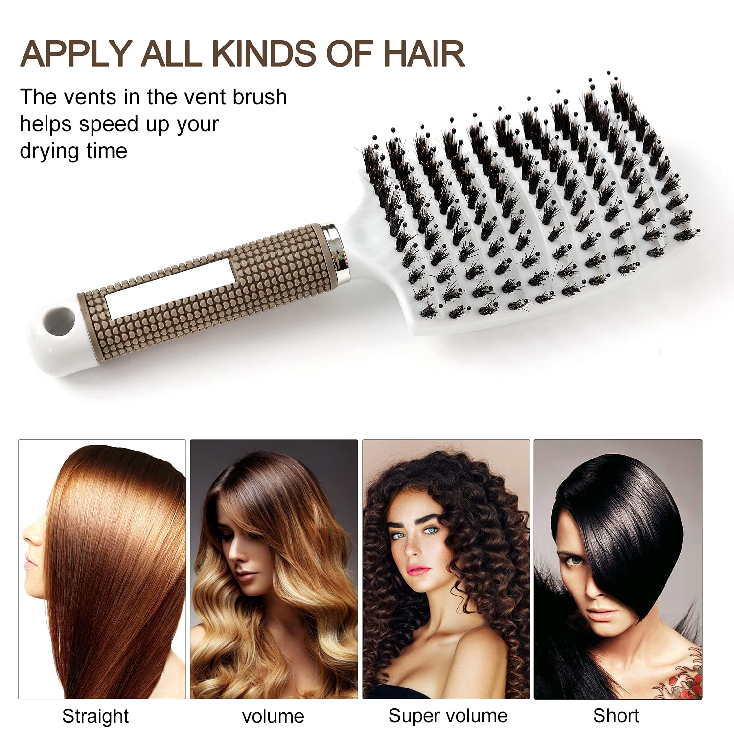 Boar Bristle and Nylon Curved Vented Hair Brush for Fast Blow Drying Detangling and Head Massage Hair Styling (White)