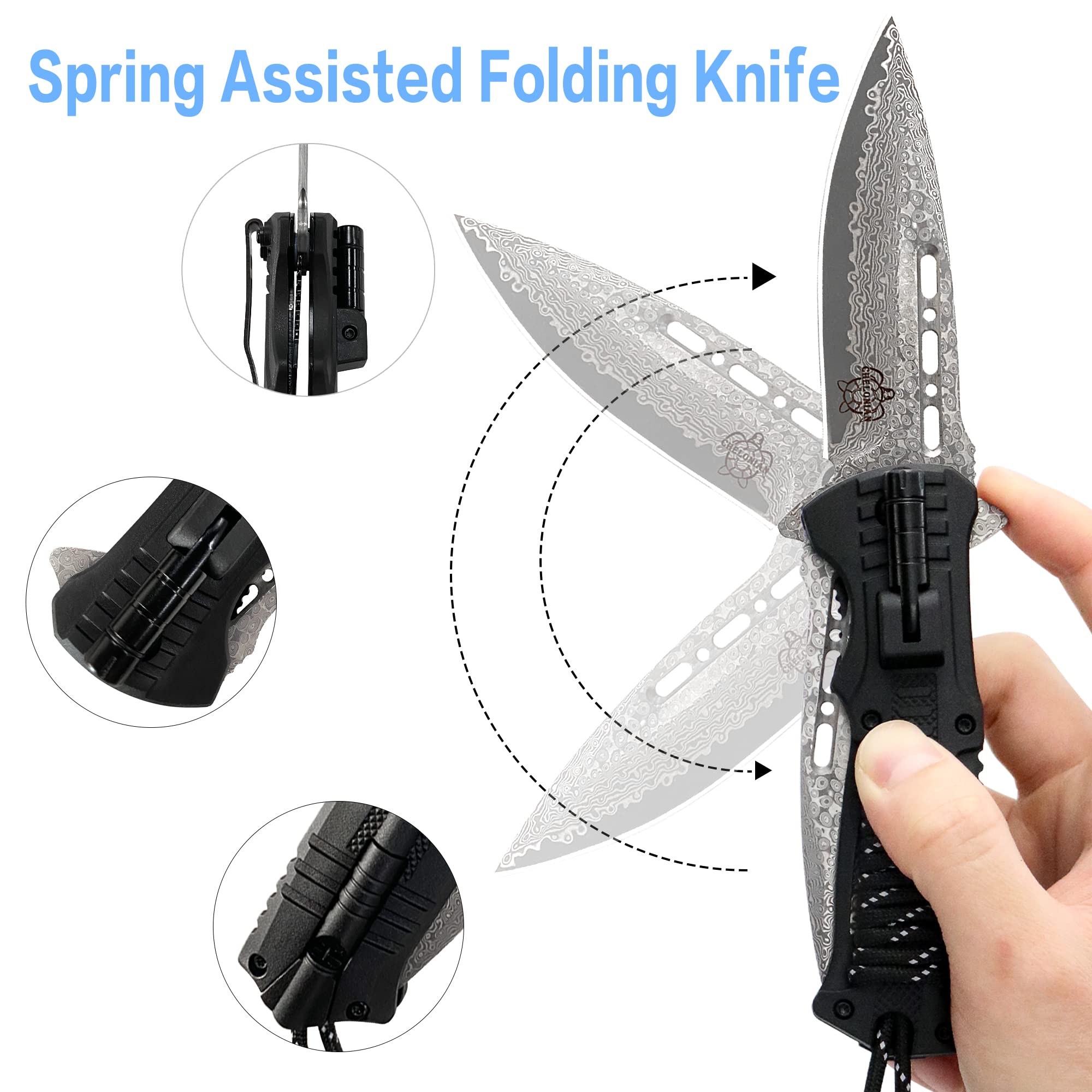 CHELONIAN Damascus Steel Hunting Folding Knives,Spring Assisted Pocket Knife with LED Light Magnesium Fire Starter Whistle (Black)