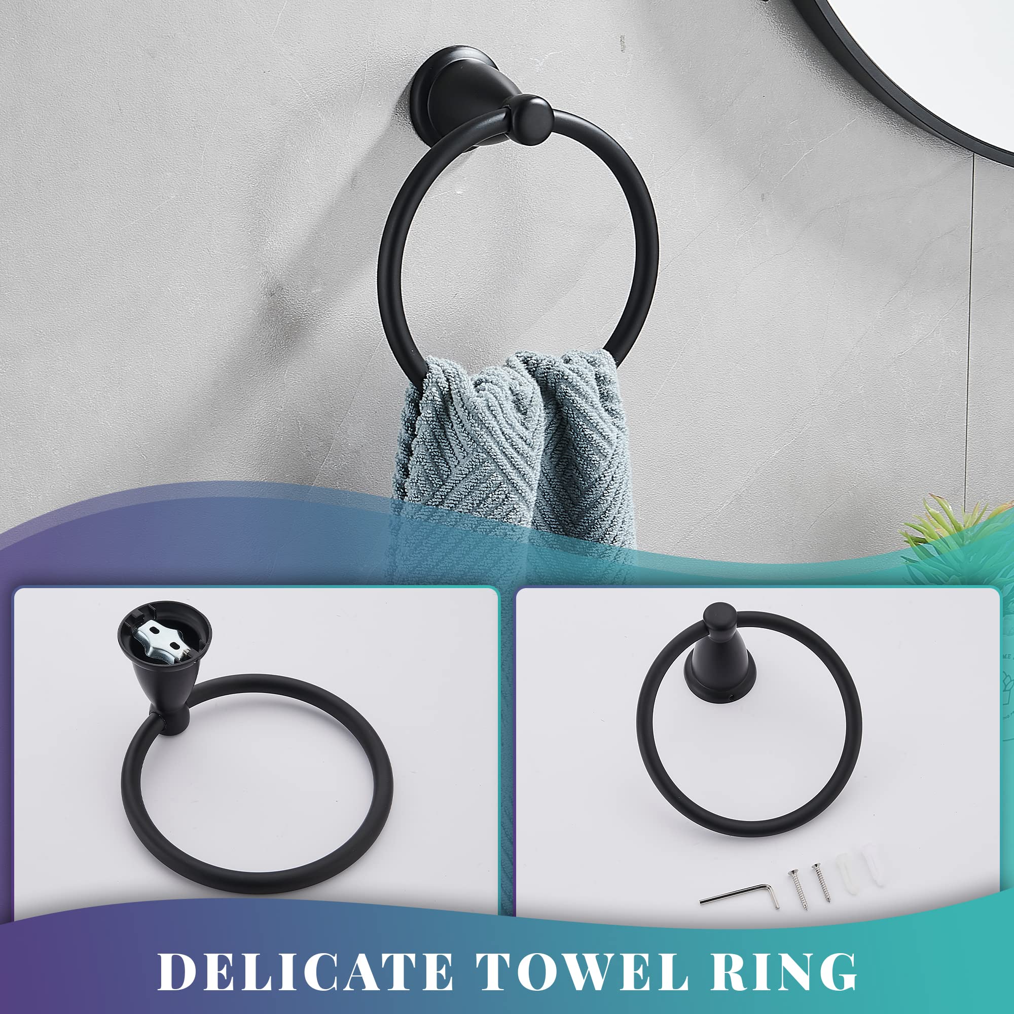 Bathroom Hardware Set, Matte Black 23.6 Inches Adjustable Expandable Towel Bar 4-Piece Bathroom Accessory Set Wall Mounted Robe Hook Toilet Paper Holder Towel Ring Towel Bar