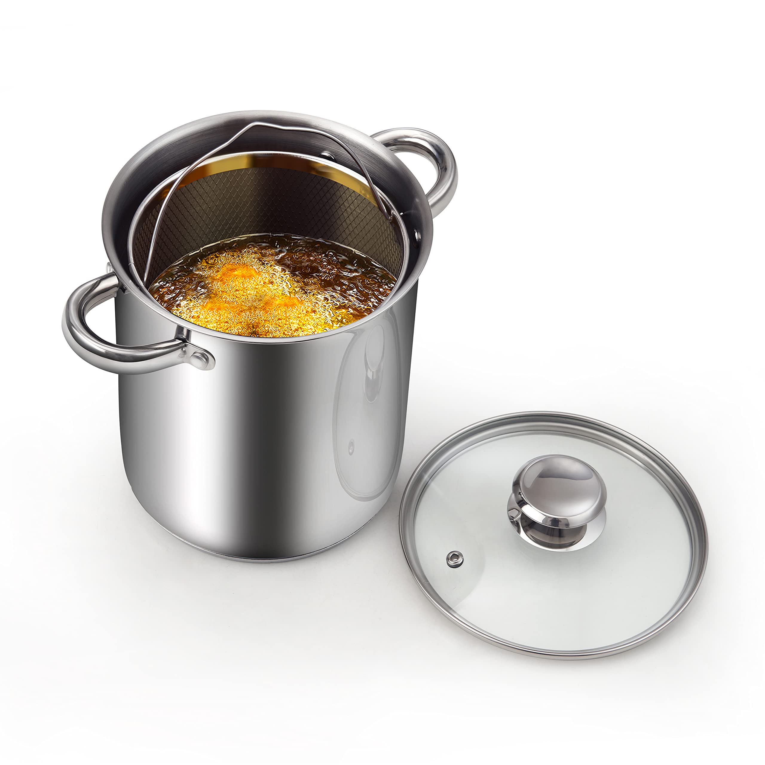 Cook N Home Deep Fryer Pot, Japanese Tempura Small Stainless Steel Deep Frying Pot, 304 Stainless Steel with Oil Drip Drainer Rack, Glass Lid, 6.3 inch/ 4Quart, for Kitchen French Fries, Chicken