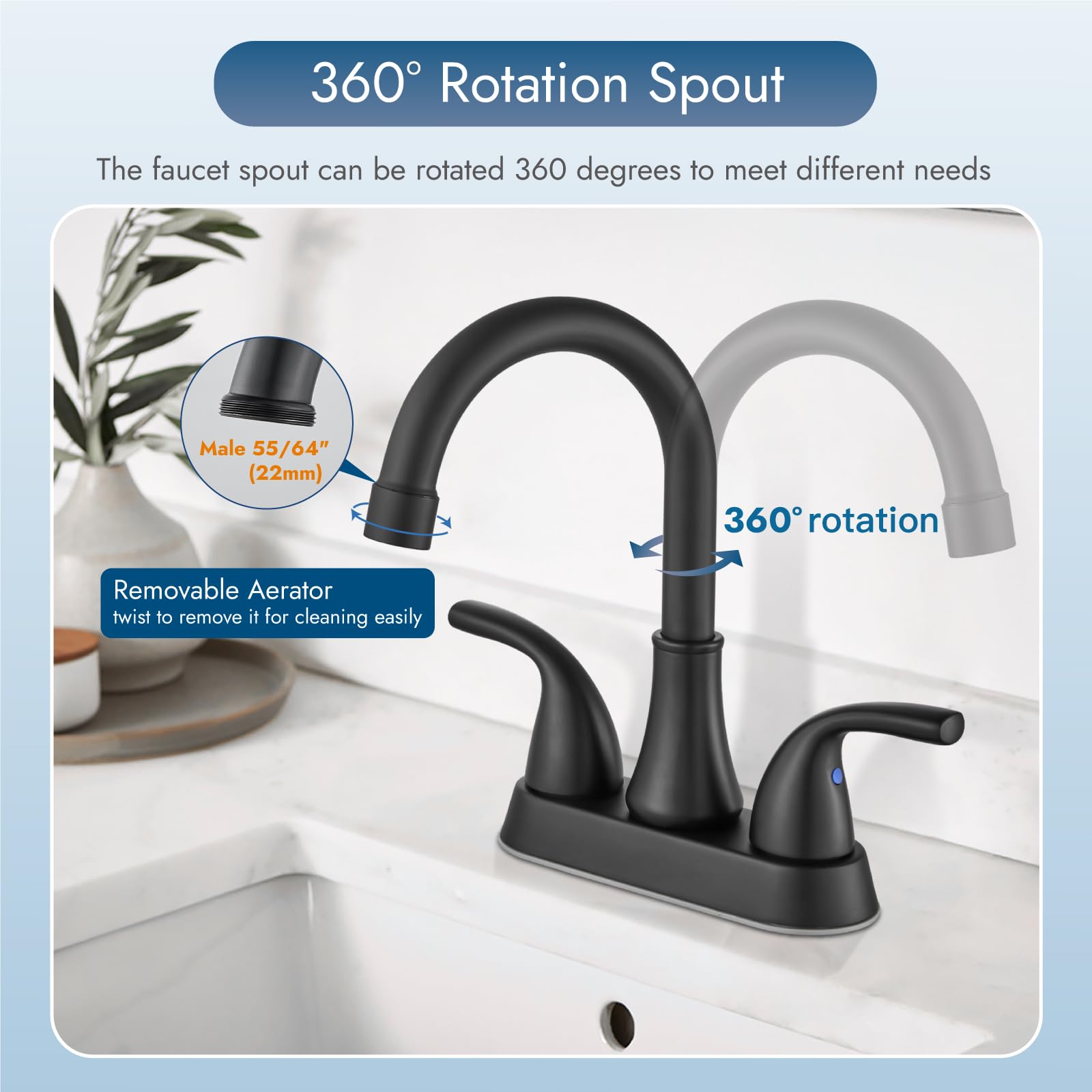 Cinwiny Bathroom Sink Faucet 4 Inch 2 Handle Bathroom Faucet 360° Swivel Spout Deck Mounted Vanity Faucet with Water Supply Hoses,Matte Black,with Pop up Drain