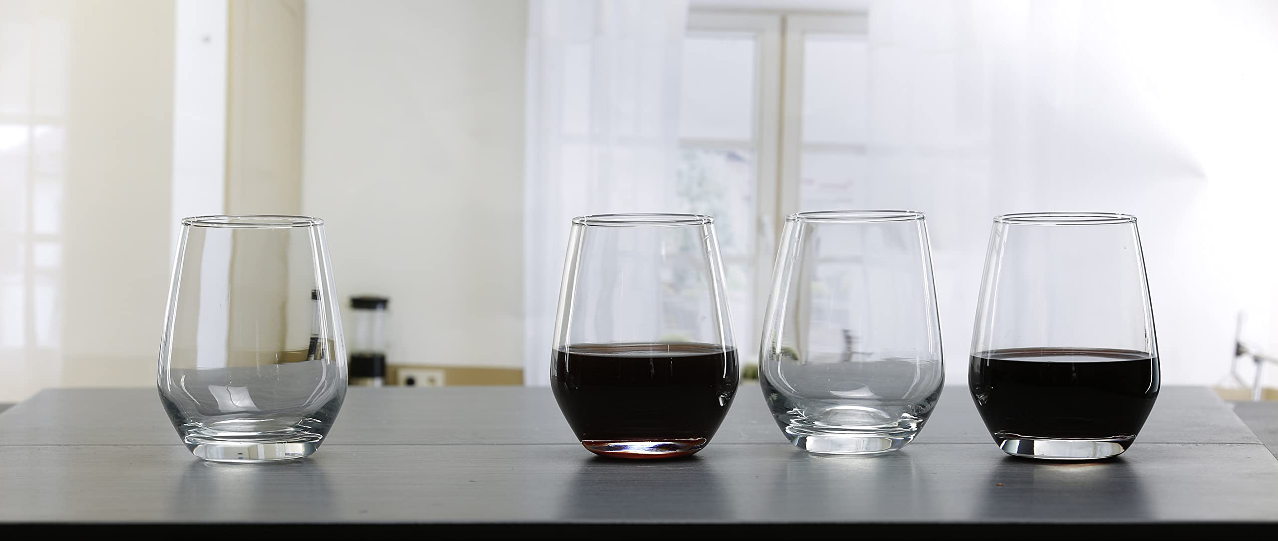 Circleware Stemless Red Glasses Set of 4, Glassware for Water, Beer, Wine, Liquor, Iced Tea Punch & All Drinks, 13oz, Clear