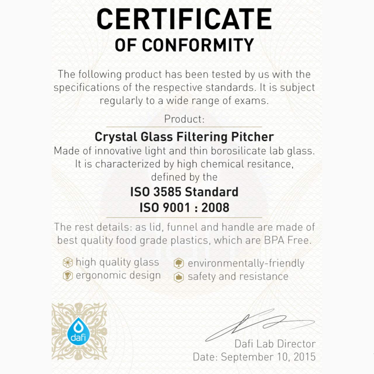 DAFI Glass Water Filter Pitcher with Alkaline Filter | 64 oz | waterdrip Water Purifier for Drinking Water, Clearly Filter jug, Water purifer | White LED, BPA-Free | Made in Europe
