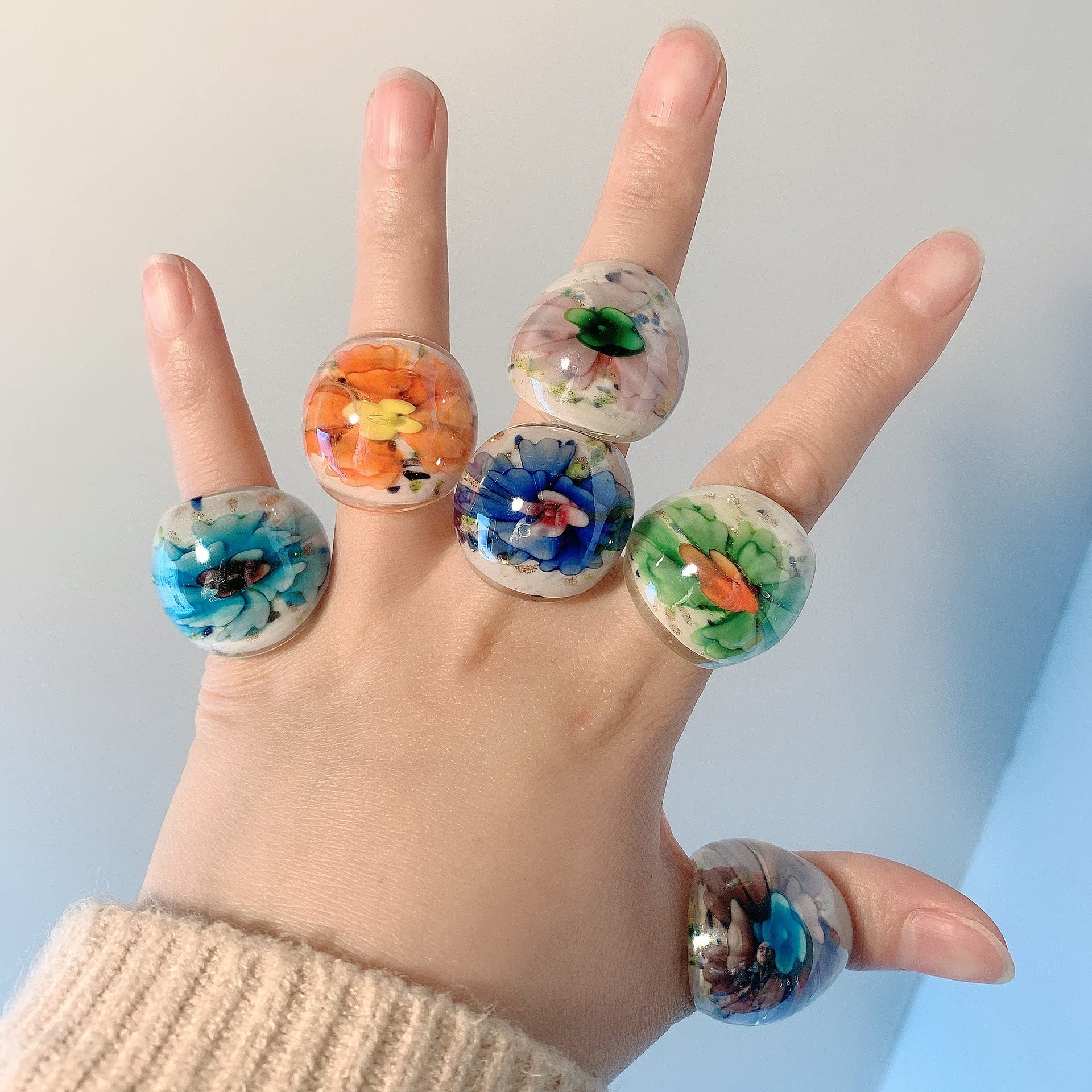 Boho Flower Dome Ring, Retro Chunky Resin Rings, Vintage Wide Thick Knuckle Acrylic Ring, Stackable Ethnic Style Statement Rings for Women Girls-green fl