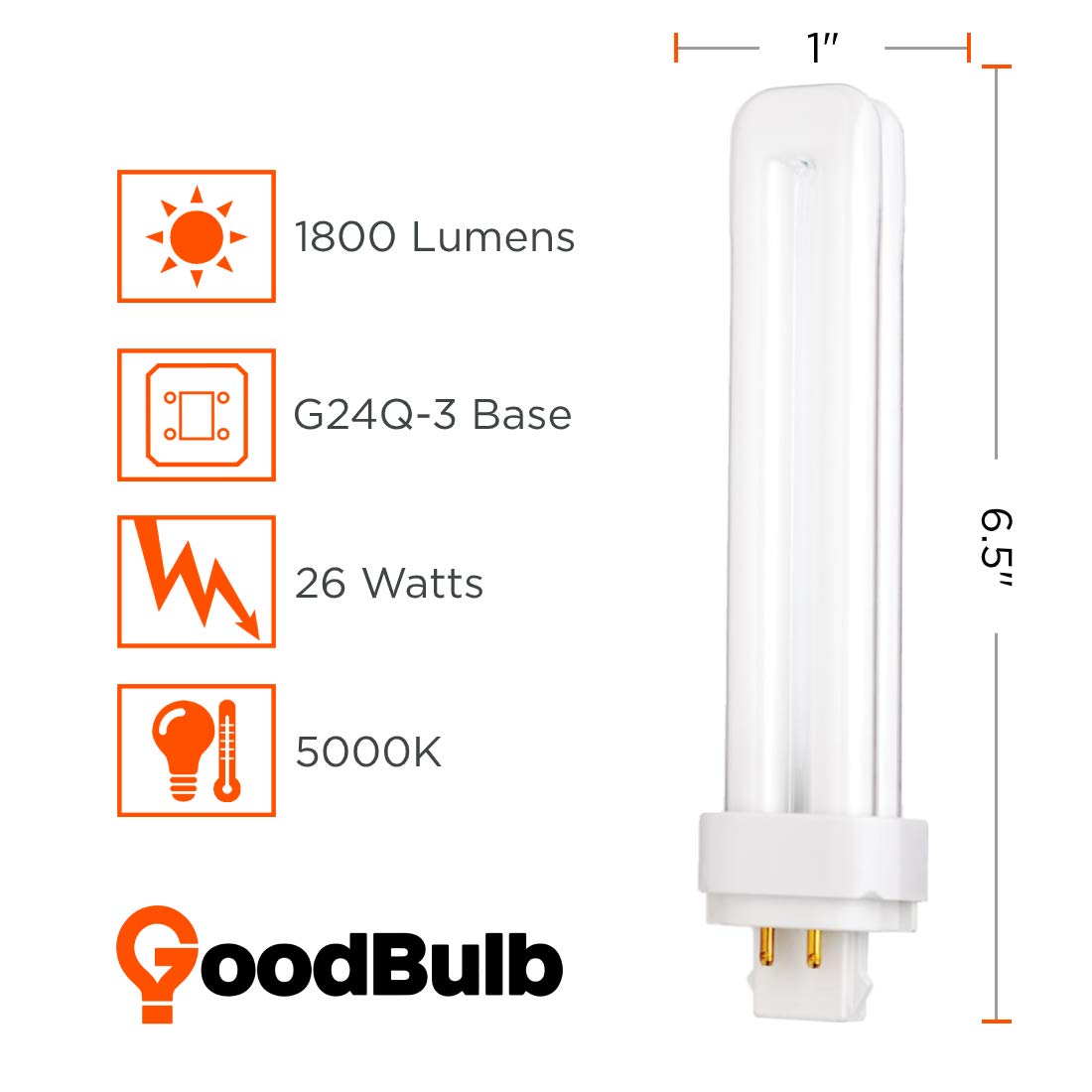 GoodBulb 26 Watt CFL Light Bulbs | 4 Pin G24Q-3 Base 5000K Daylight | 26W High Output 1800 Lumens | Double Tube Compact Fluorescent Light Bulbs Plug-in | 10 Pack