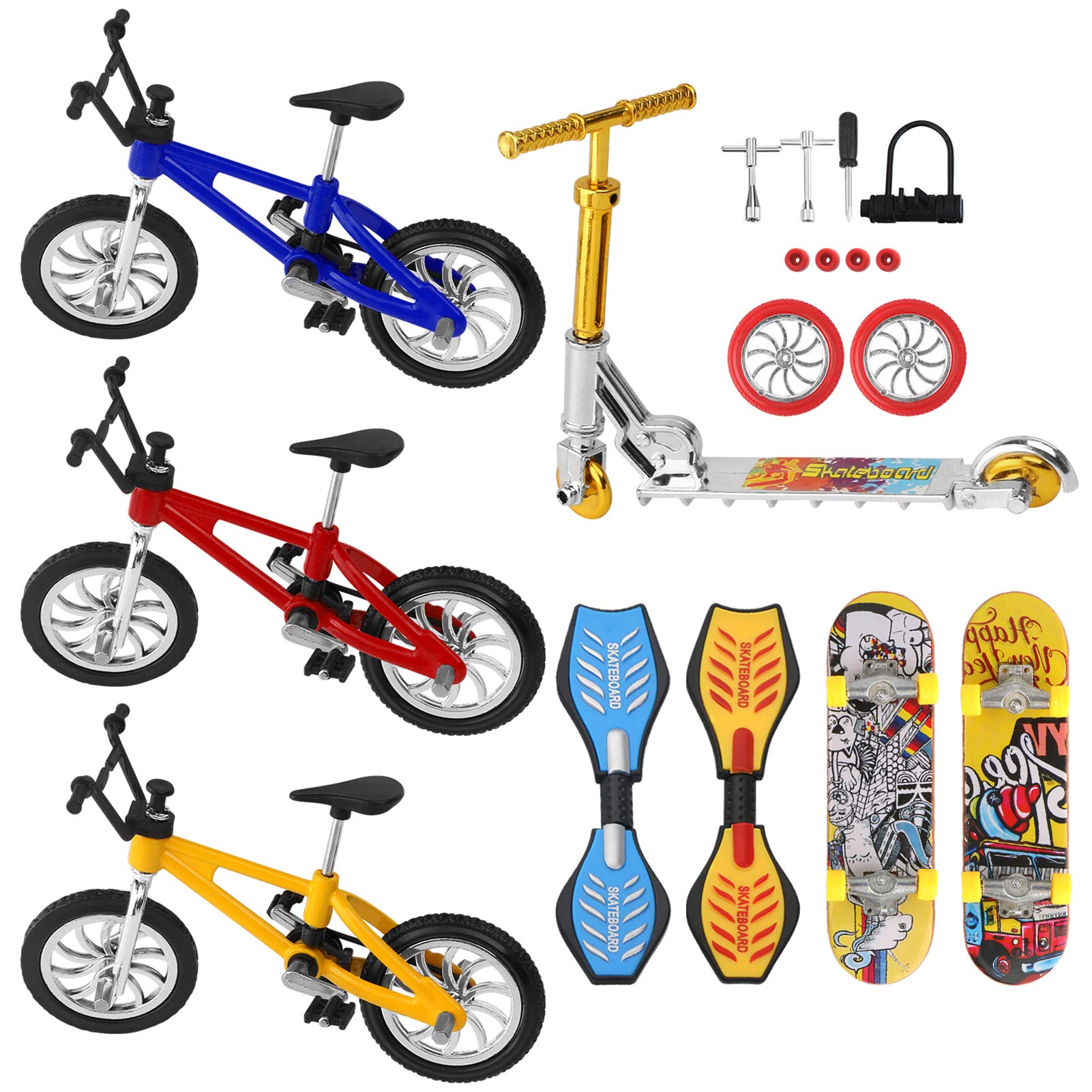 Mini Bike Finger Bike Finger Skateboard Set,Excellent Functional Miniature Toys Mini Extreme Sports Finger Bicycle Skateboard Cool Boy Toy Creative Game Toy Set Collections Cake Decoration (4PCS)