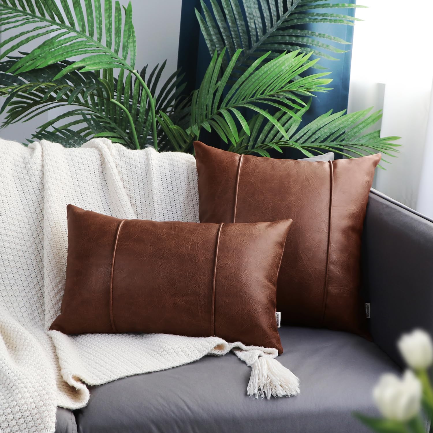 BRAWARM Dark Brown Leather Throw Pillow Covers 22 X 22 Inches - Faux Leather Pillow Cover with Piping, Hand Stitched Leather Throw Pillow for Couch Sofa Bed Living Room Home Decorative
