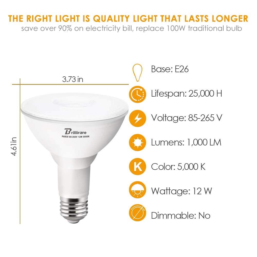 BRILLIRARE 4 Pack PAR30 LED Bulbs, Flood Light Bulb, 100W Halogen Equivalent, 12W 1,000LM 25,000H Lifetime, Cool White, 5,000K Daylight, E26 Indoor/Outdoor Accent Spot Track Light