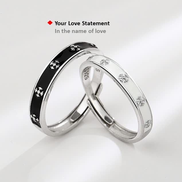 Cathay Select [New] Sterling Silver Couple Rings Set, Adjustable, For Him and Her Wedding Promise Love Rings, Black and White