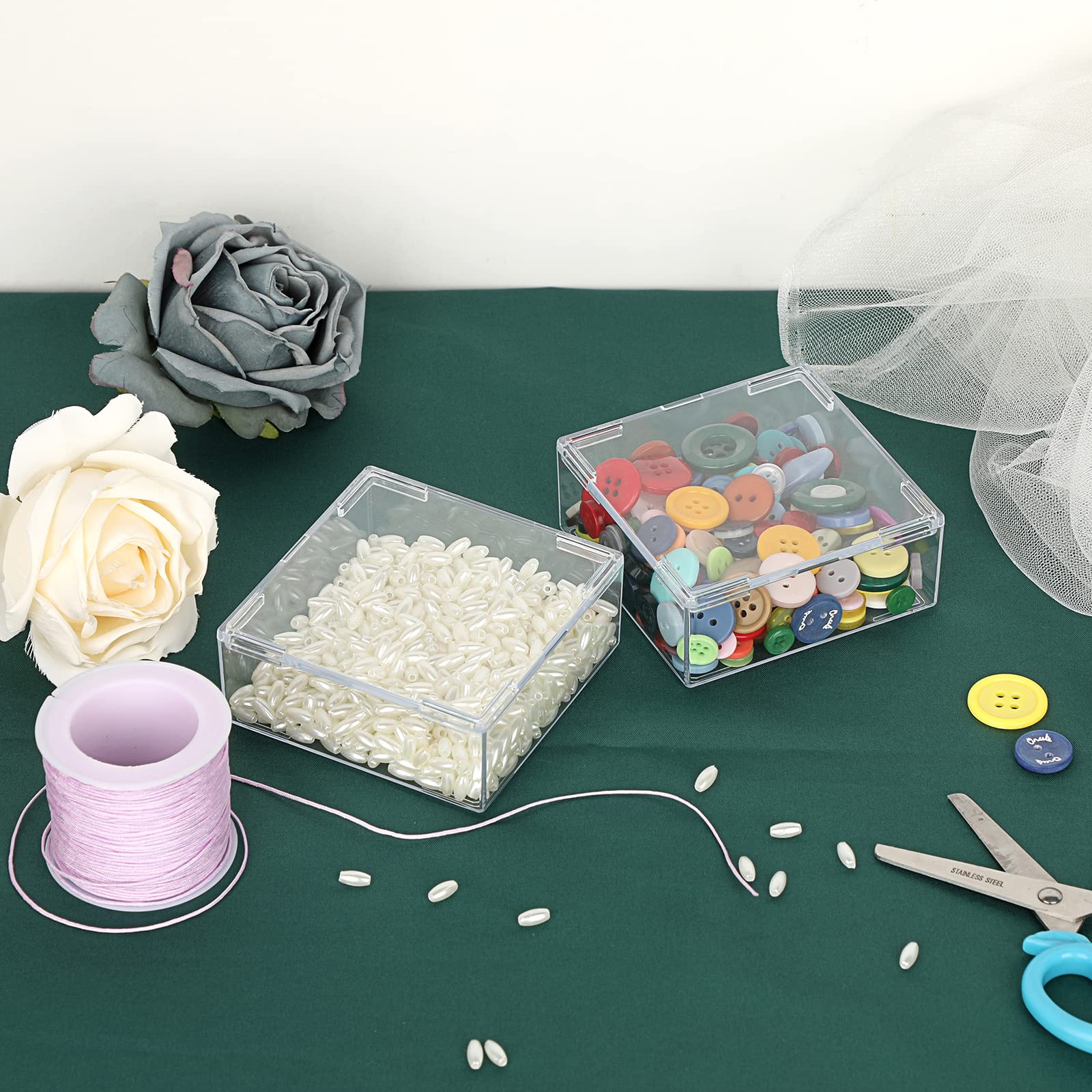 BTSKY Clear Plastic Small Storage Containers with Lid Mini Clear Boxes for Organizing Stackable Paper Clips Holder Multi-use Bead Organizers for Clips, Rhinestones, Hairpins and Candy, 2PCS Round