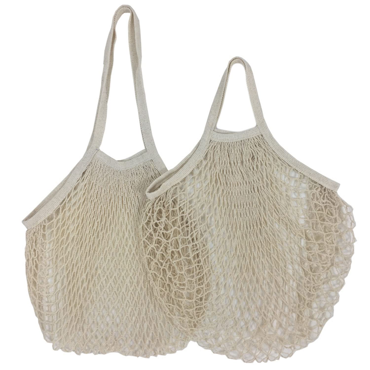 Cotton String Shopping Bags Reusable Washable Grocery Mesh Bags Organizer for Grocery Net Bags with Longhandle for Fruit Vegetable Storage, 6 Pack