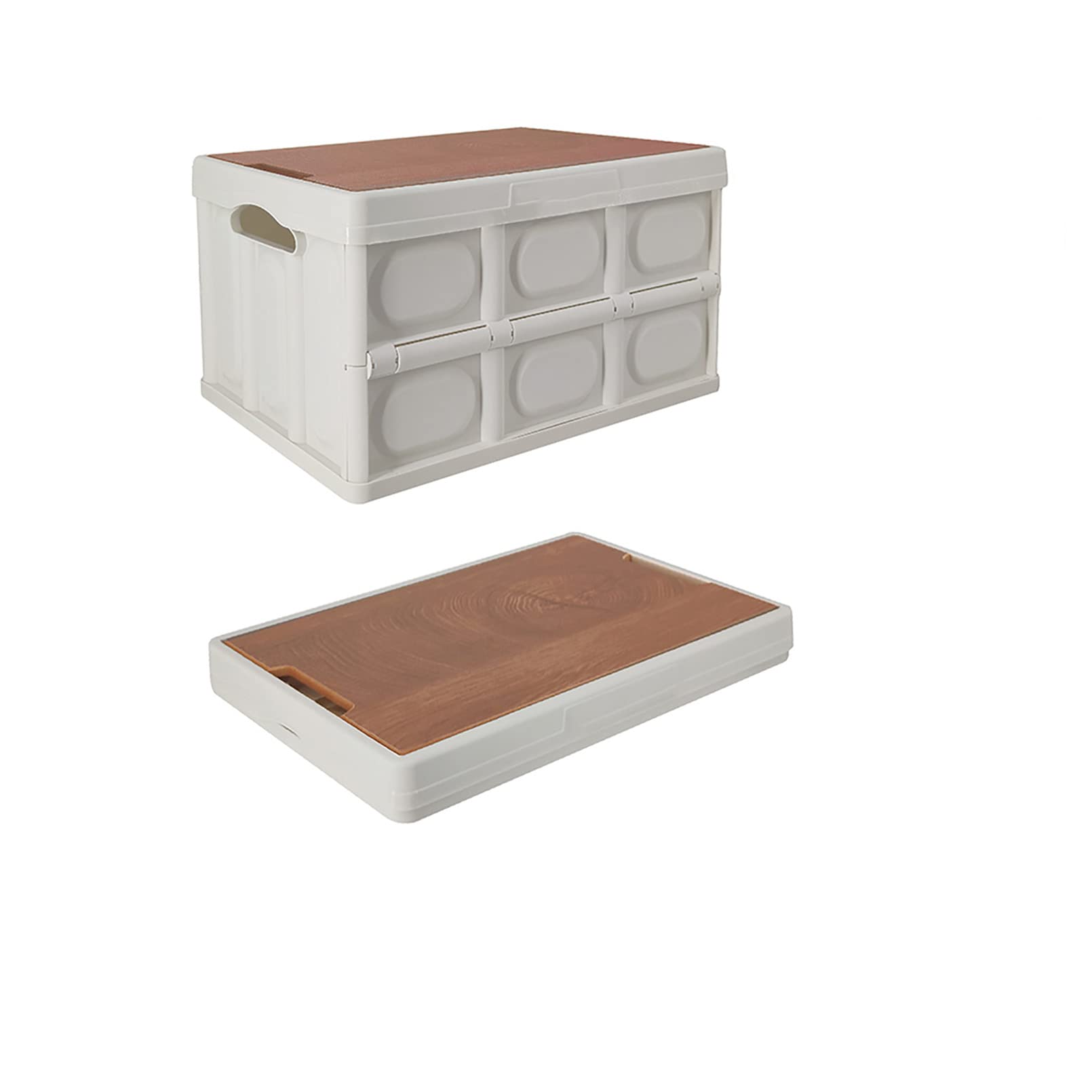 CIROANNELISE Collapsible Storage Bins, 30 Quart Plastic Storage Crates with Wooden Lid, Folding Plastic Stackable Utility Crates with Strengthened Wall, Dormitory, Car,Office (White)